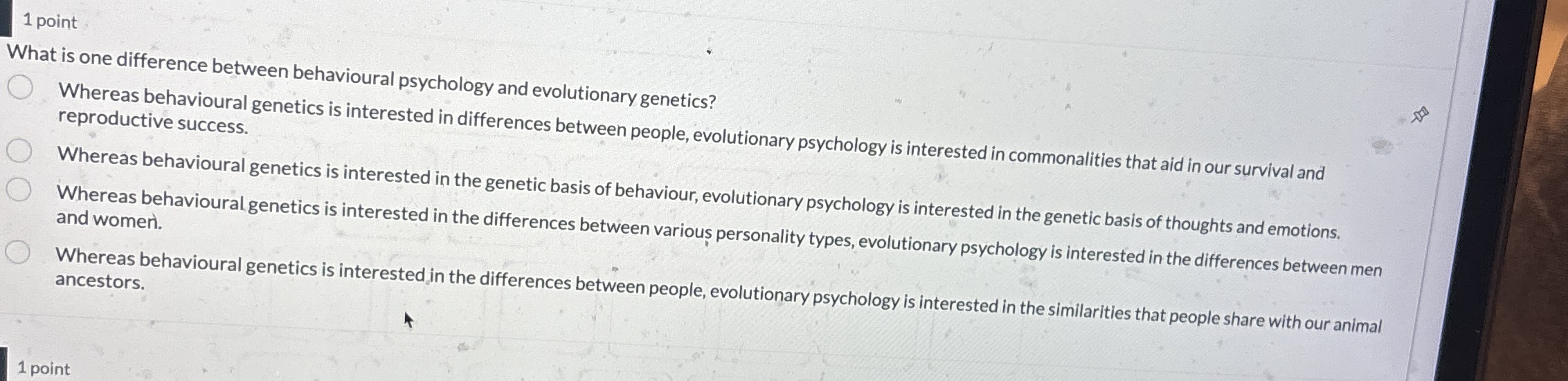 Solved 1 ﻿pointWhat is one difference between behavioural | Chegg.com