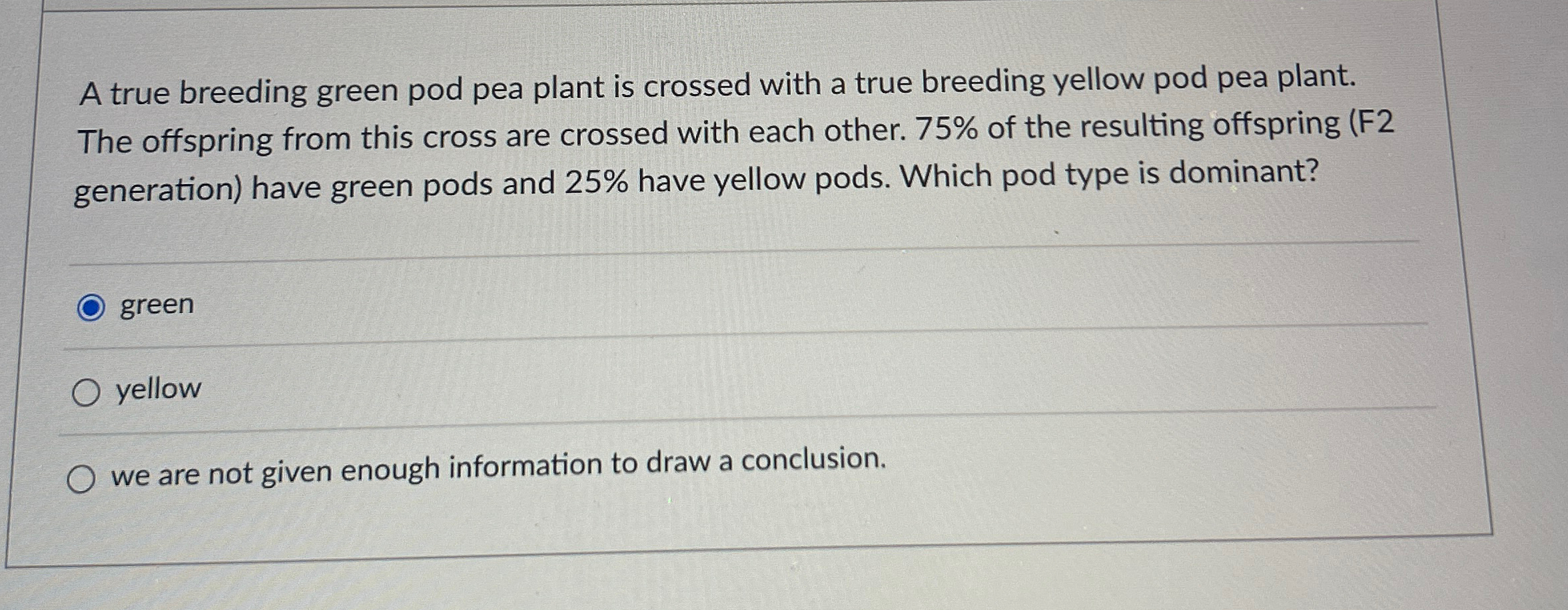 Solved A true breeding green pod pea plant is crossed with a | Chegg.com