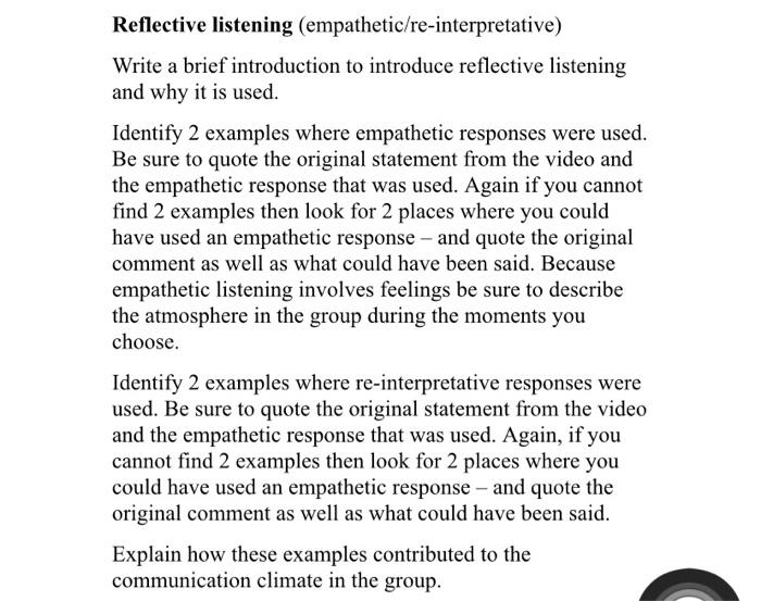 Solved Reflective listening (empathetic/re-interpretative) | Chegg.com