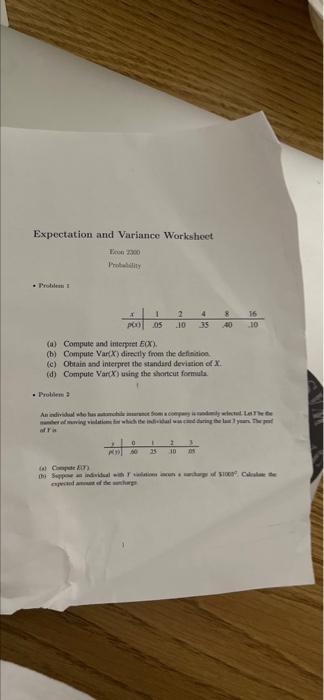 Solved Expectation and Variance Worksheet . Problem 1 Econ | Chegg.com