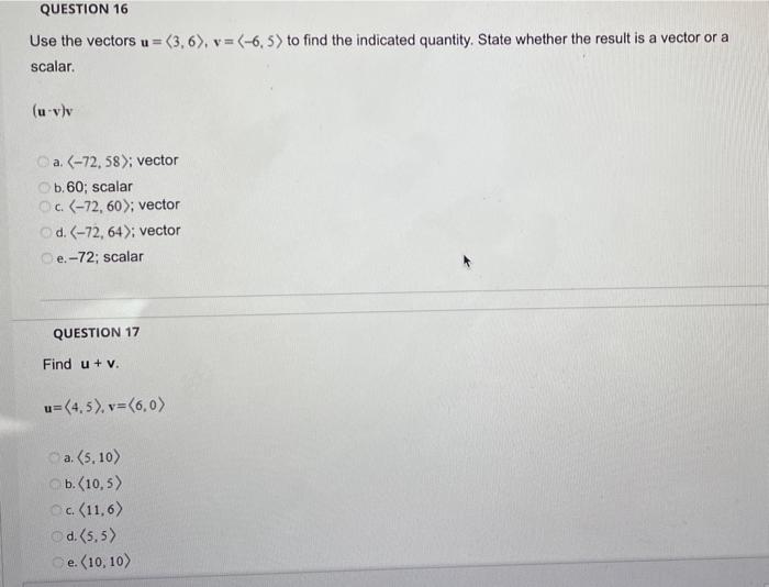 Solved Use the vectors u= 3,6 ,v= −6,5 to find the | Chegg.com
