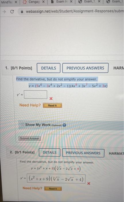 Solved Find the derivative, but do not simplify your answer. | Chegg.com