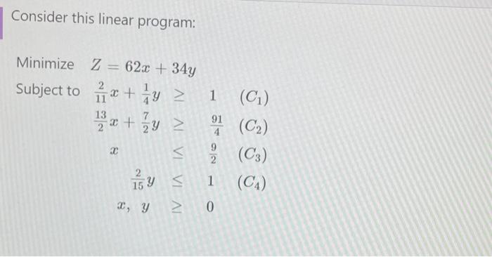 Solved Consider this linear program: Minimize Z=62x+34y | Chegg.com