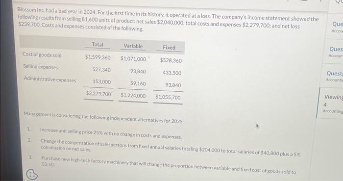 Solved Blossom Inc had a bad year in 2024. For the first | Chegg.com