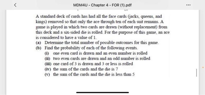 Solved MDM4U - Chapter 4 - FOR (1).pdf A standard deck of | Chegg.com