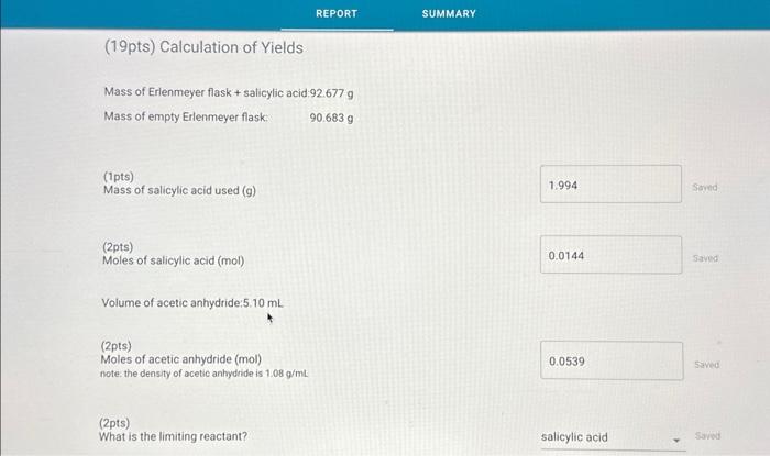 Solved (19pts) Calculation of Yields Mass of Erlenmeyer | Chegg.com