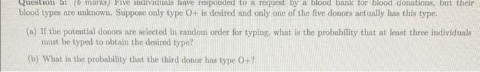 Solved blood types are unknown. Suppose only type O+ is | Chegg.com