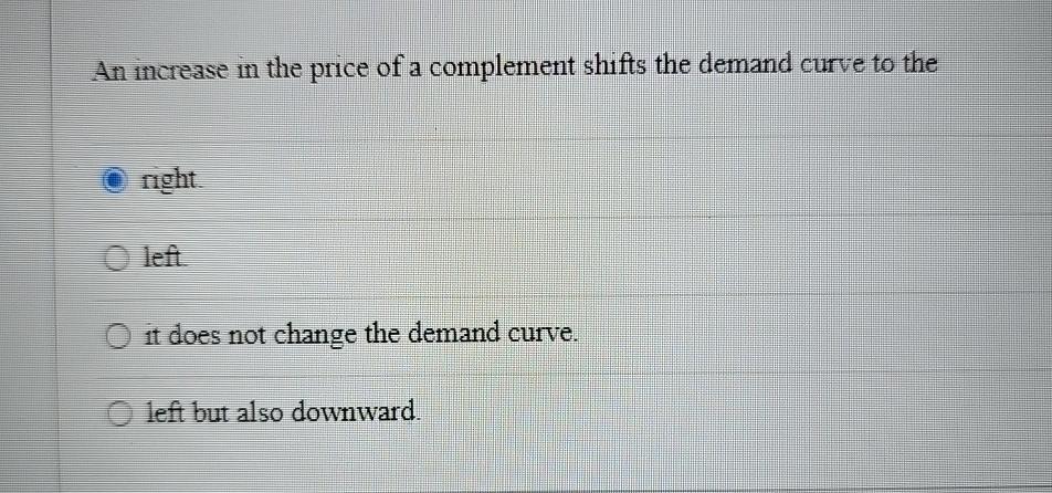 Solved An increase in the price of a complement shifts the | Chegg.com