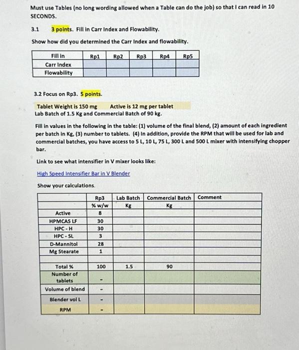 Solved Must use Tables (no long wording allowed when a Table | Chegg.com