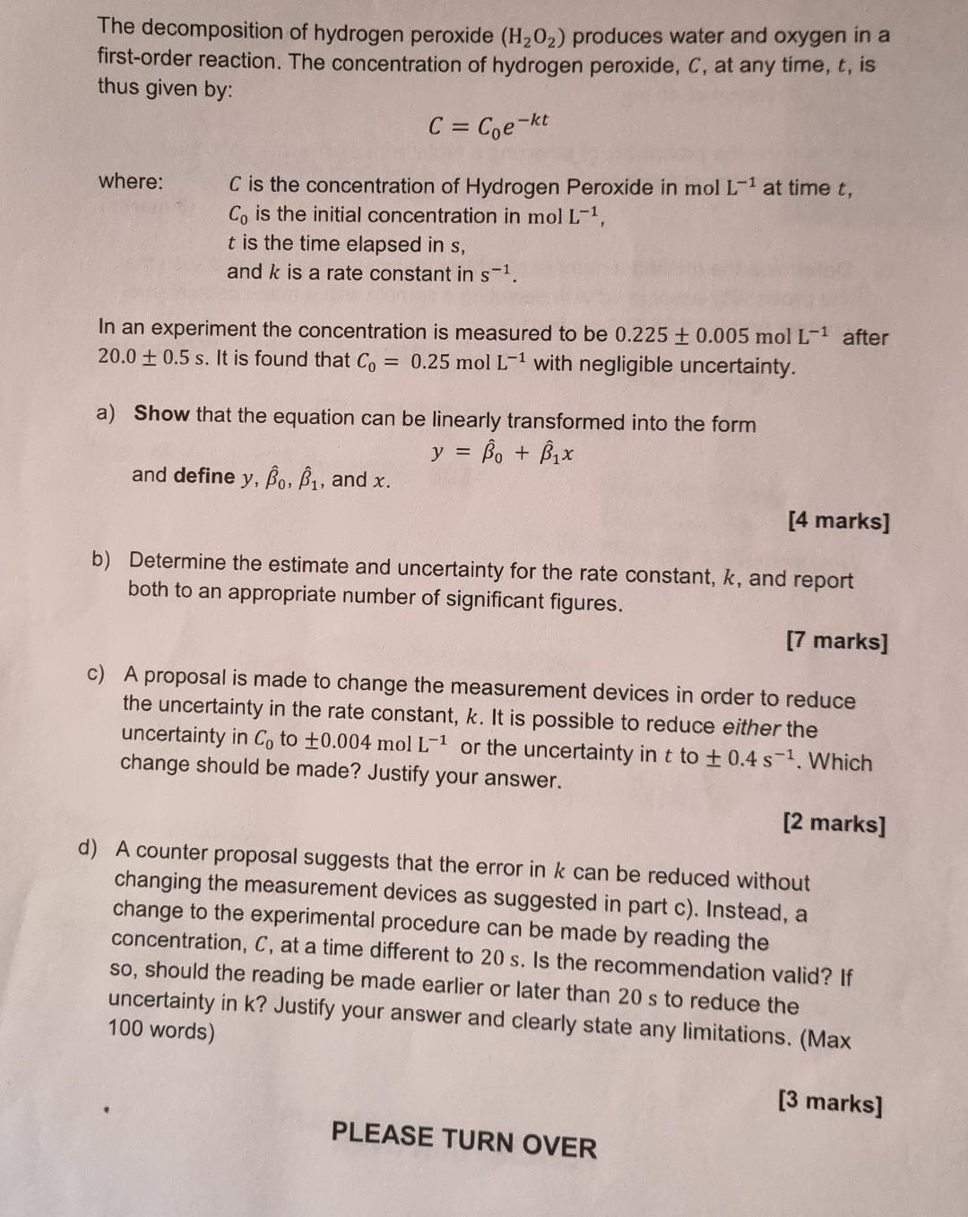 Solved The decomposition of hydrogen peroxide (H2O2) | Chegg.com