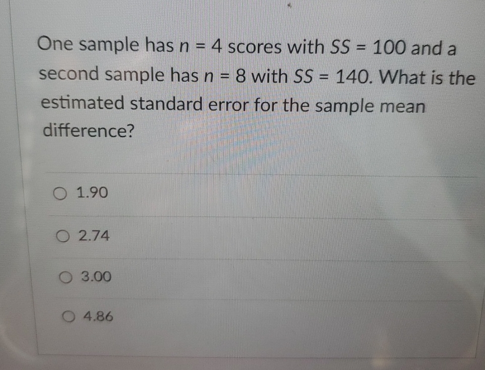 Solved One sample has n=4 ﻿scores with SS=100 ﻿and a second | Chegg.com