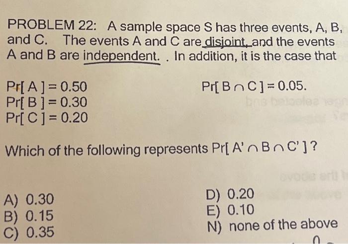 Solved PROBLEM 22: A sample space S has three events, A, B, | Chegg.com