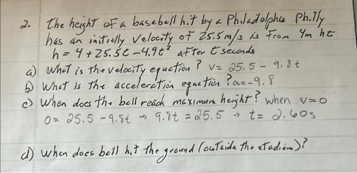 Solved 2. the height of a baseball hit by a Philadelphia | Chegg.com