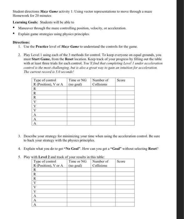 Student directions Maze Game activity 1: Using vector | Chegg.com