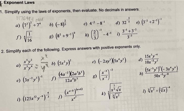 Solved 1. Exponent Laws 1. Simplify using the laws of | Chegg.com