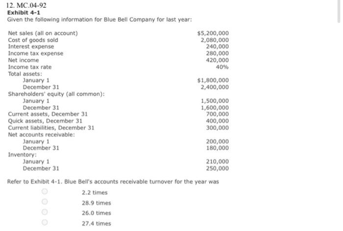 Solved 12. МС.04-92 Exhibit 4-1 Given the following | Chegg.com