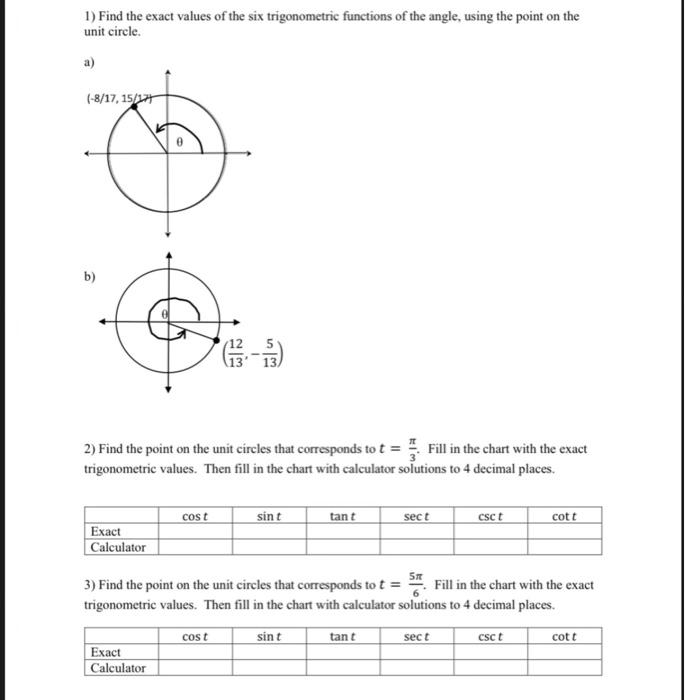 Solved 1) Find the exact values of the six trigonometric | Chegg.com