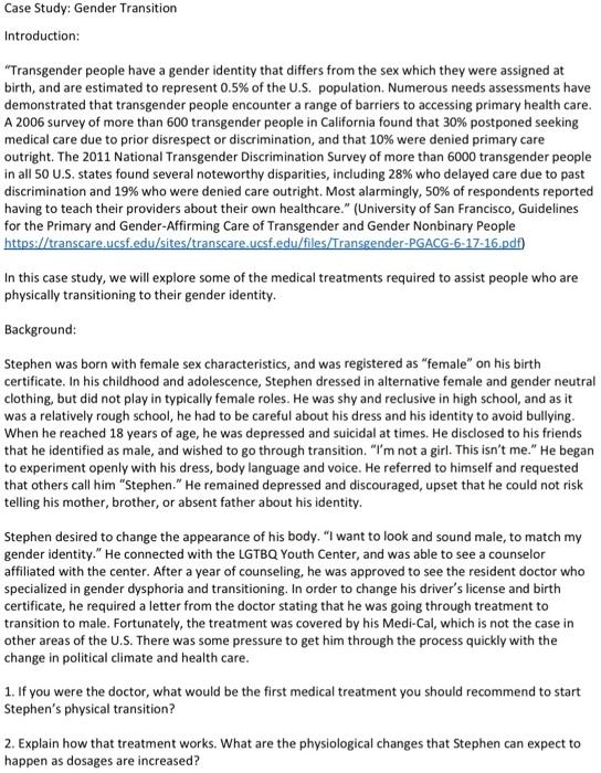Solved Case Study: Gender Transition Introduction: | Chegg.com