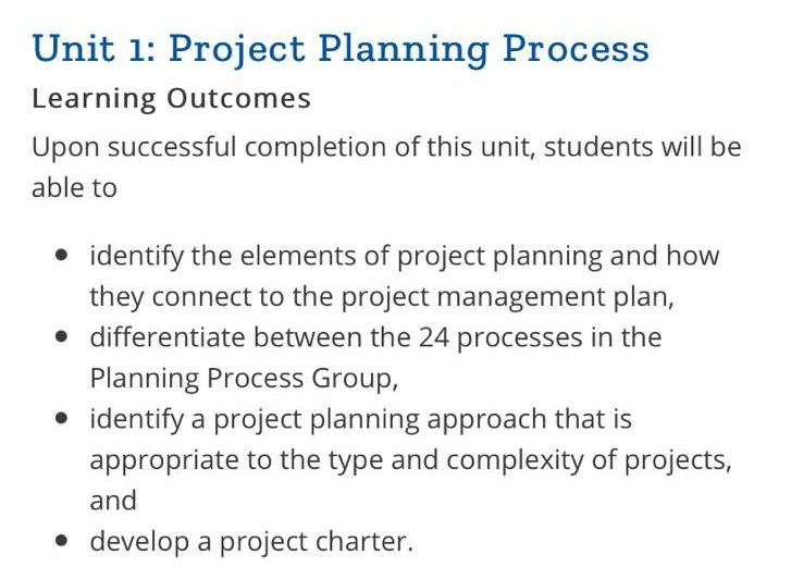 Solved Unit 1: Project Planning Process Learning Outcomes | Chegg.com