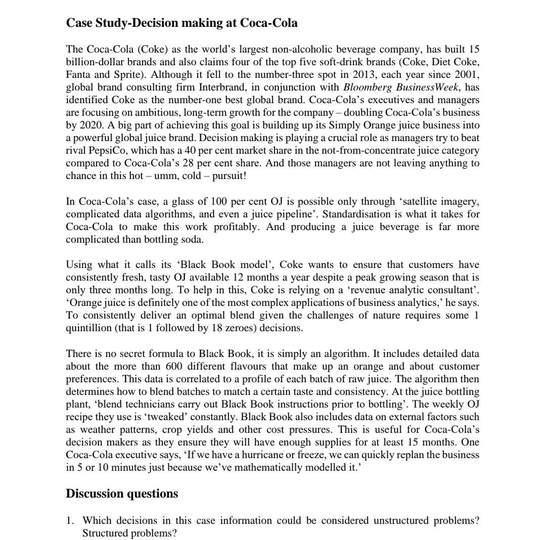 Solved Case Study-Decision making at Coca-ColaThe Coca-Cola | Chegg.com