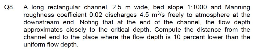 Solved Q8. ﻿A long rectangular channel, 2.5 ﻿m wide, bed | Chegg.com