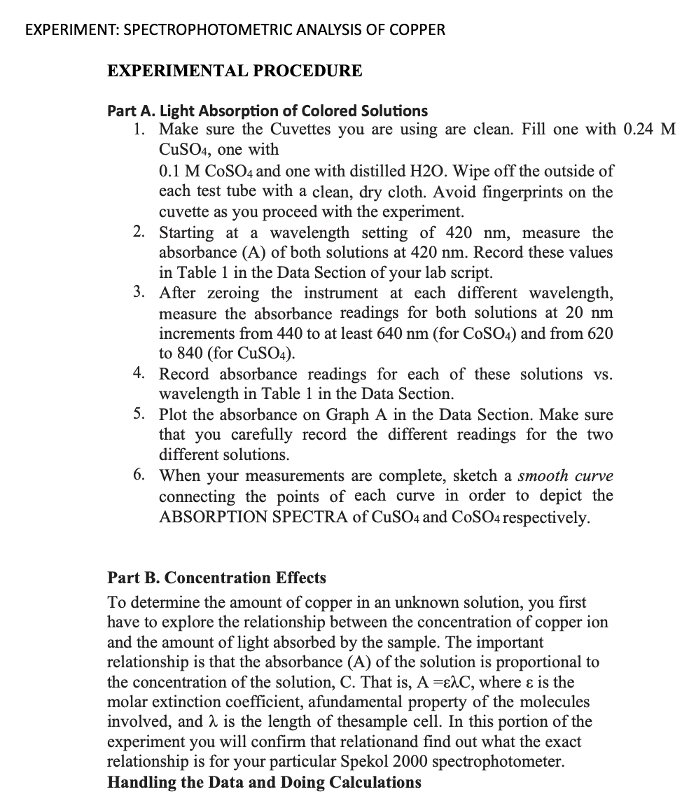 Solved EXPERIMENTAL PROCEDURE Part A. Light Absorption of | Chegg.com