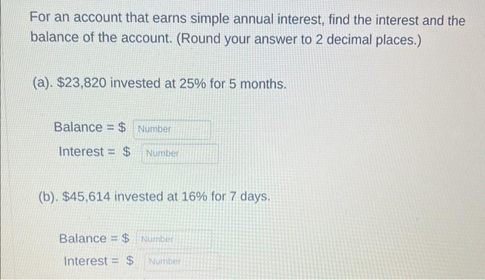 Solved For an account that earns simple annual interest, | Chegg.com