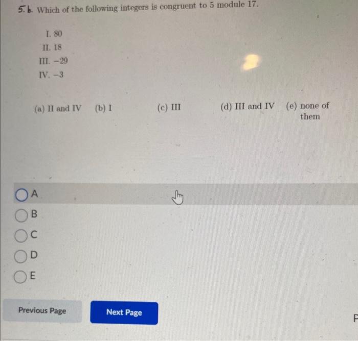 Solved 5.b. Which of the following integers is congruent to | Chegg.com