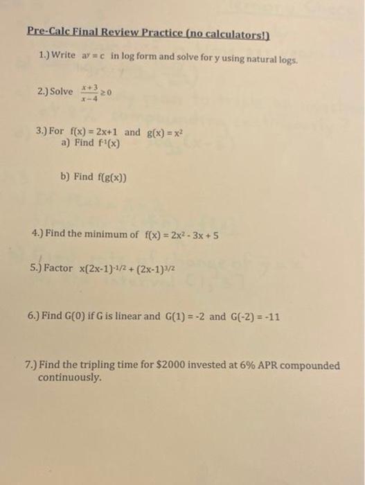 Solved Pre-Calc Final Review Practice (no calculators!) 1.) | Chegg.com