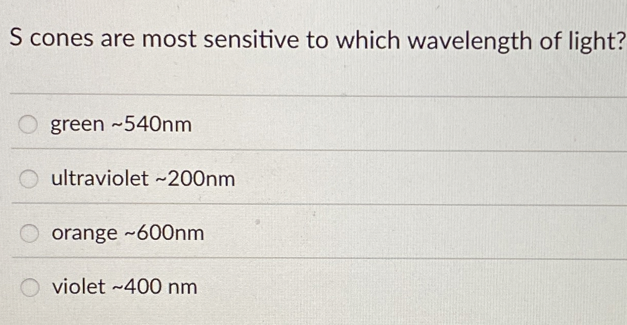Solved S cones are most sensitive to which wavelength of | Chegg.com