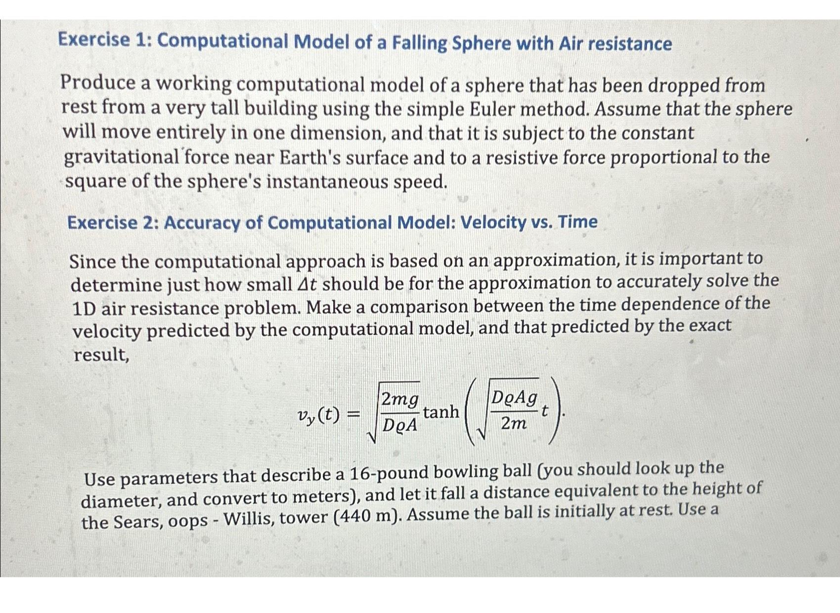 Solved Exercise 1: Computational Model of a Falling Sphere | Chegg.com
