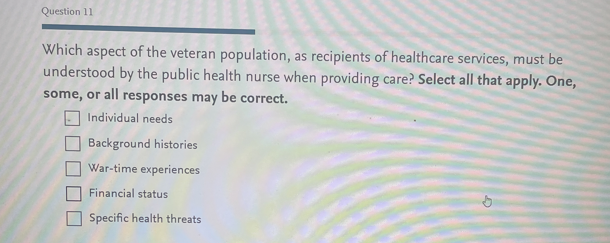 Solved Question 11Which aspect of the veteran population, as | Chegg.com