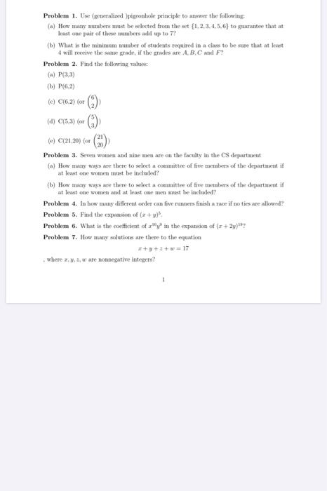 Solved Problem 1. Use (generalized pigeonhole principle to | Chegg.com
