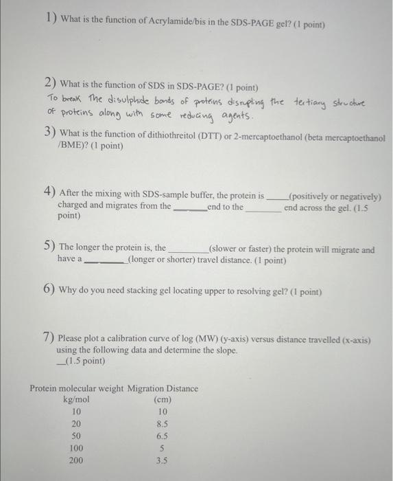 Solved 1) What is the function of Acrylamide/bis in the | Chegg.com