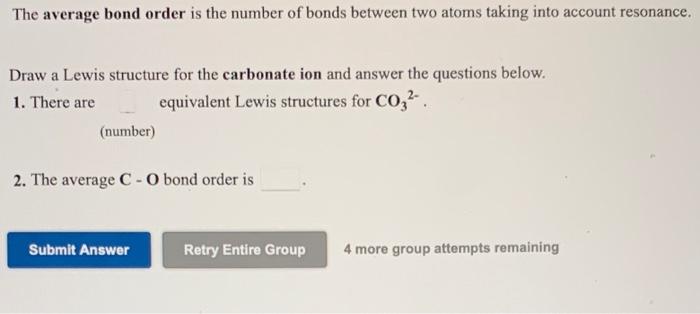 Solved The average bond order is the number of bonds between | Chegg.com