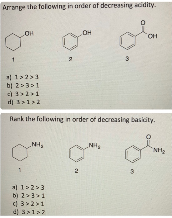 Solved Arrange the following in order of decreasing acidity. | Chegg.com