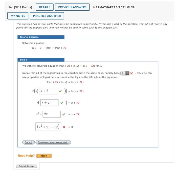 Solved 14. [3/13 Points) DETAILS PREVIOUS ANSWERS HARMATHAP | Chegg.com
