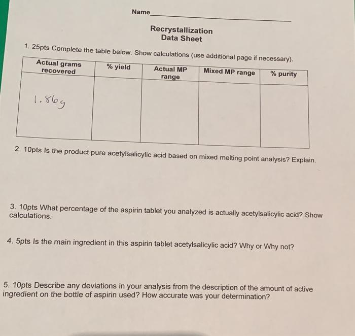 Solved Name Recrystallization Data Sheet 1.25pts Complete | Chegg.com