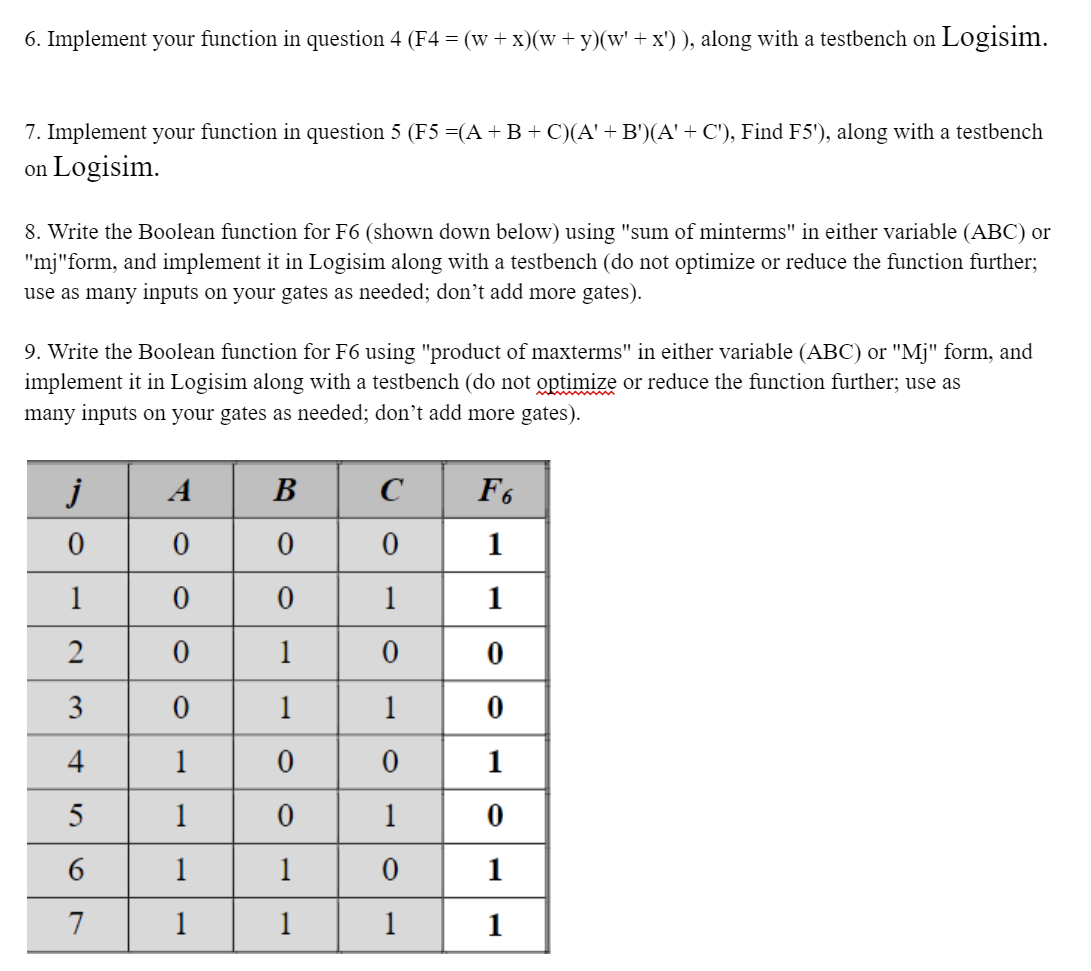 Solved F5 = (A'+AC')F6 ﻿is the table provided Implement your | Chegg.com