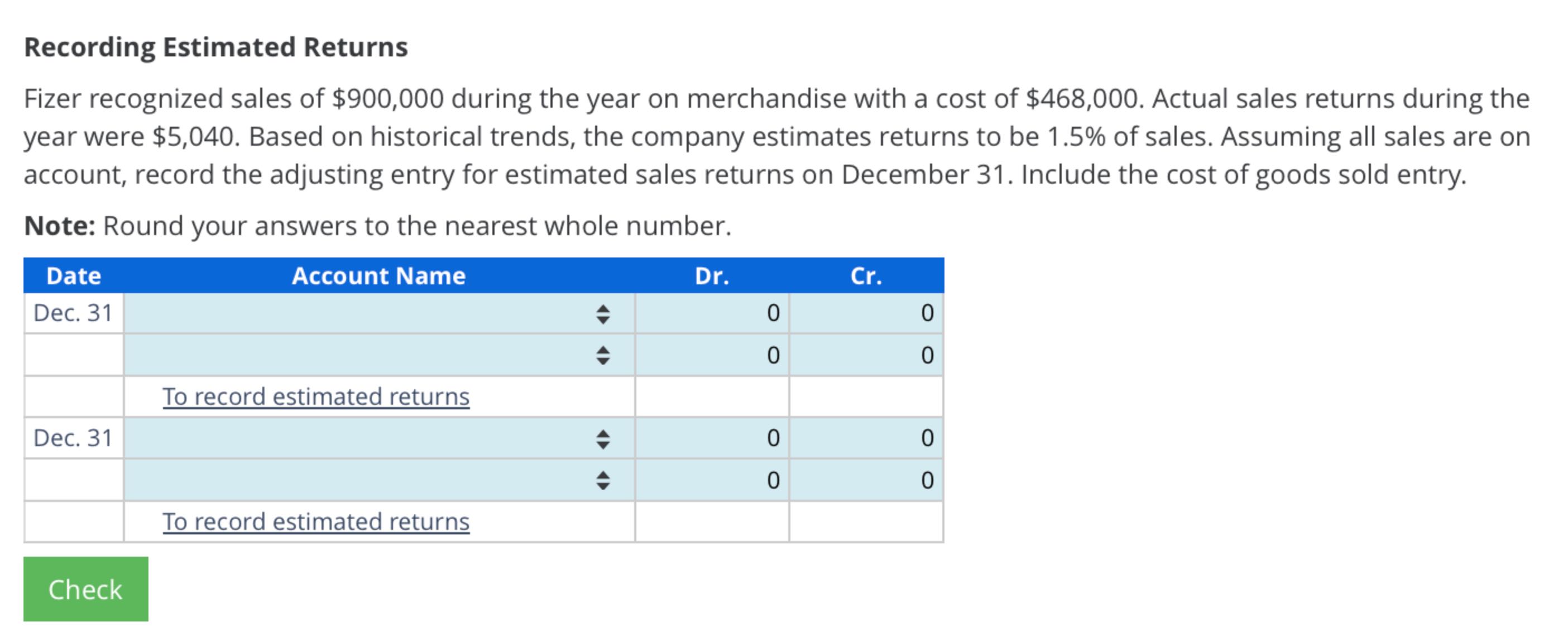 Solved Recording Estimated ReturnsFizer recognized sales of | Chegg.com