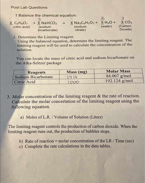 Post Lab Questions: 2. Determine the Limiting | Chegg.com