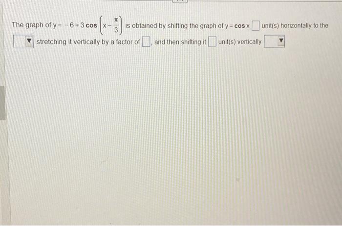 Solved The graph of y=−6+3cos(x−3π) is obtained by shifting | Chegg.com