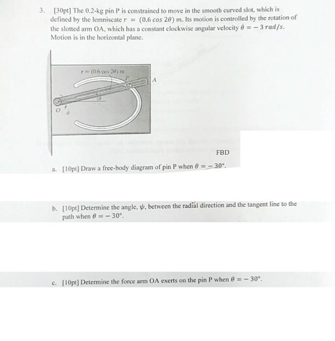 Solved 3. [30pt] The 0.2-kg pin Pis constrained to move in | Chegg.com