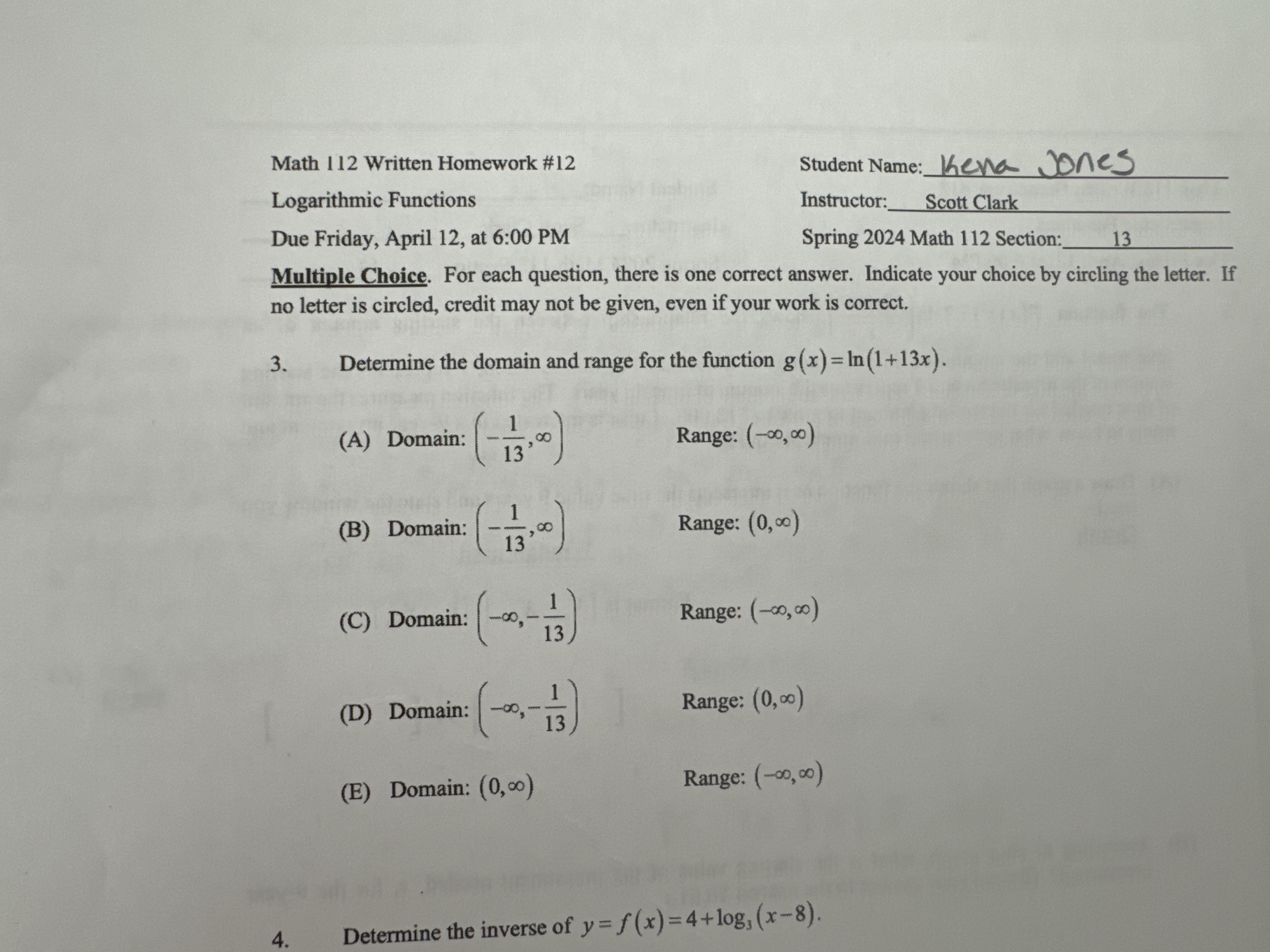 Solved Math 112 ﻿Written Homework #12Logarithmic | Chegg.com