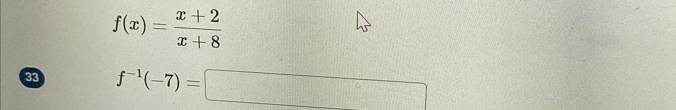 Solved f(x)=x+2x+8f-1(-7)= | Chegg.com
