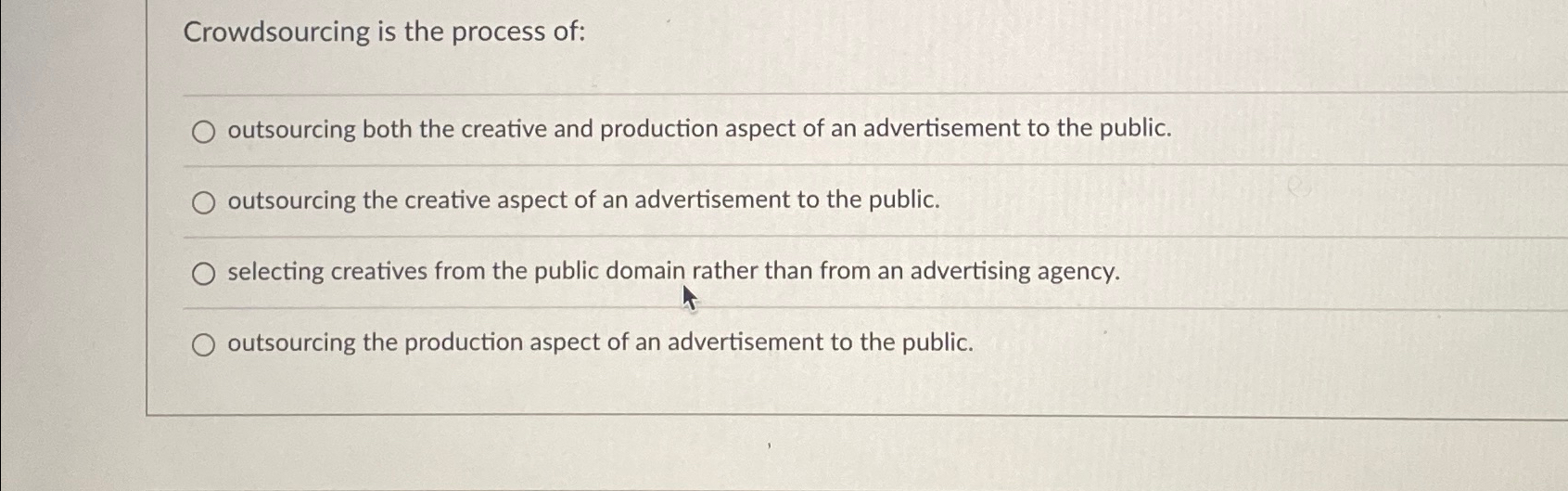 Solved Crowdsourcing is the process of:outsourcing both the | Chegg.com
