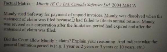 Solved Factual Matrix -- Mundy (E.C.) Lid Canada Safeway | Chegg.com