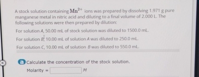 Solved A stock solution containing Mn2+ ﻿ions was prepared | Chegg.com