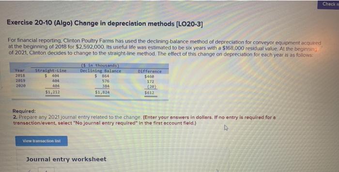 Solved Check Exercise 20-10 (Algo) Change in depreciation | Chegg.com