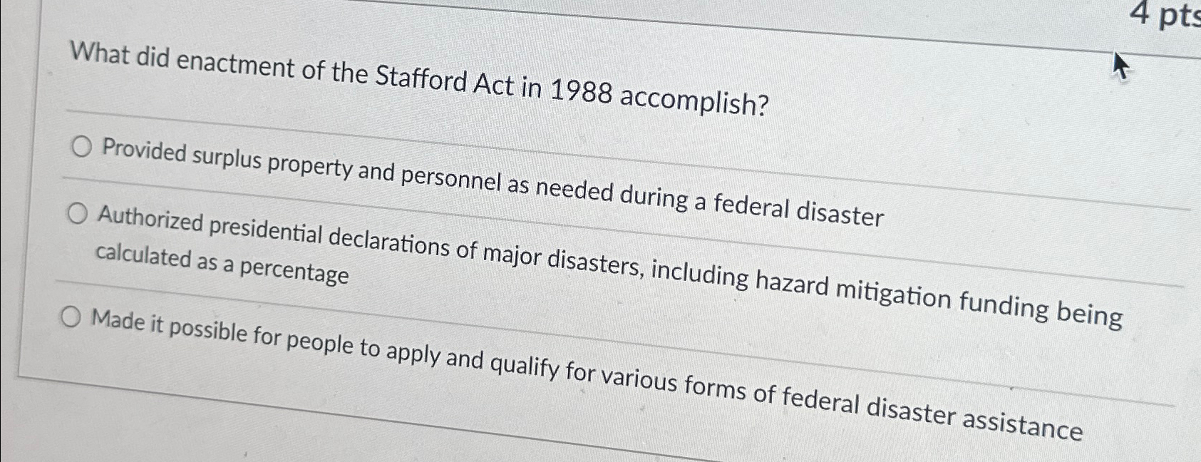 Solved What did enactment of the Stafford Act in 1988 | Chegg.com